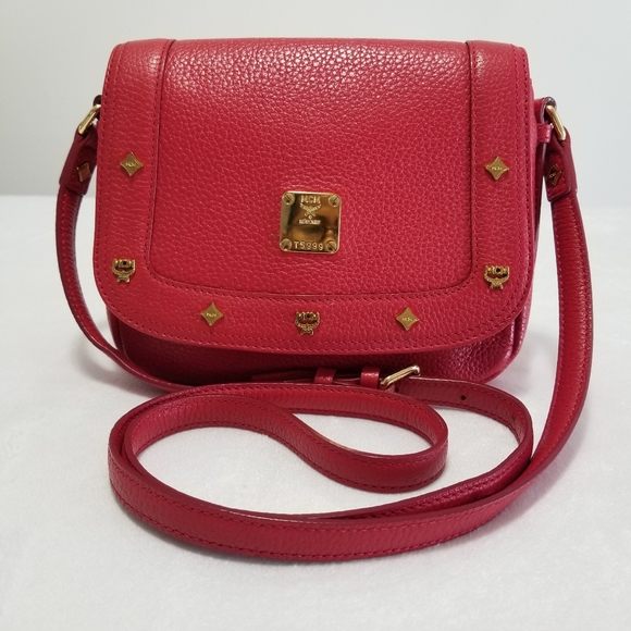 MCM | Bags | Eucauthentic Mcm Red Leather Studded Flap Crossbody Bag ...